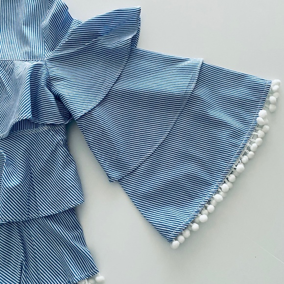Tops | Pom Pom Trip Layered Ruffle Top In White And Blue | Poshmark